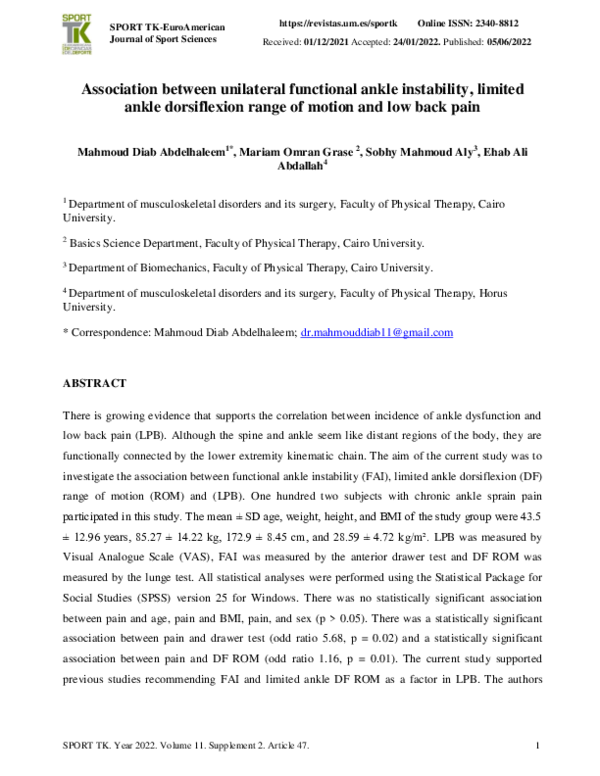 (PDF) Association between unilateral functional ankle instability, limited ankle dorsiflexion ...