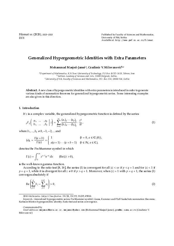 (PDF) Generalized hypergeometric identities with extra parameters
