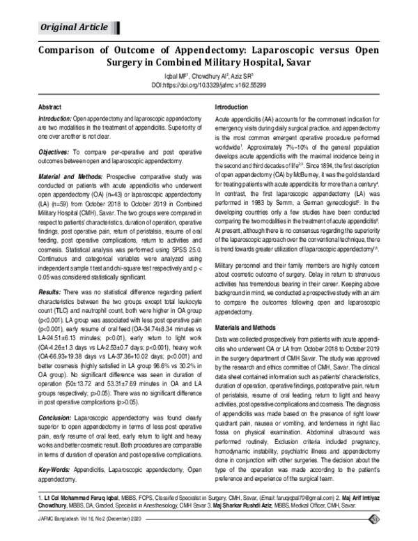 (PDF) Comparison of Outcome of Appendectomy: Laparoscopic versus Open ...