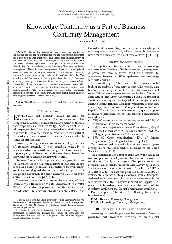 (PDF) Knowledge Continuity As A Part Of Business Continuity Management