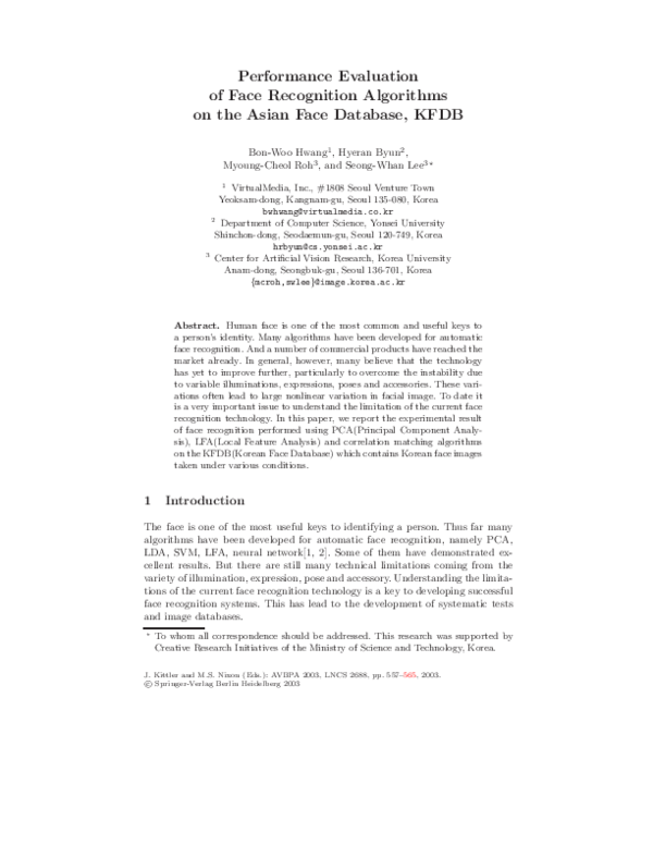 (PDF) Performance Evaluation of Face Recognition Algorithms on the Asian Face Database, KFDB