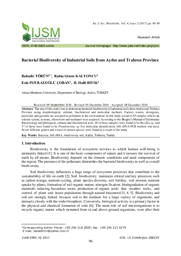 (PDF) Bacterial Biodiversity of Industrial Soils from Aydın and Trabzon Province