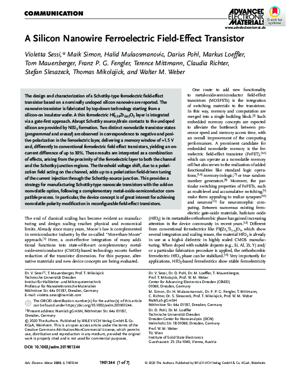 (PDF) A Silicon Nanowire Ferroelectric Field‐Effect Transistor