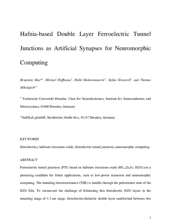 (PDF) Hafnia-Based Double-Layer Ferroelectric Tunnel Junctions as Artificial Synapses for ...