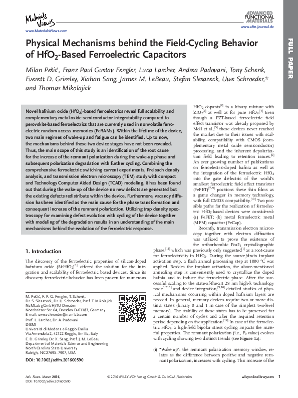 (PDF) Physical Mechanisms behind the Field-Cycling Behavior of HfO 2 ...