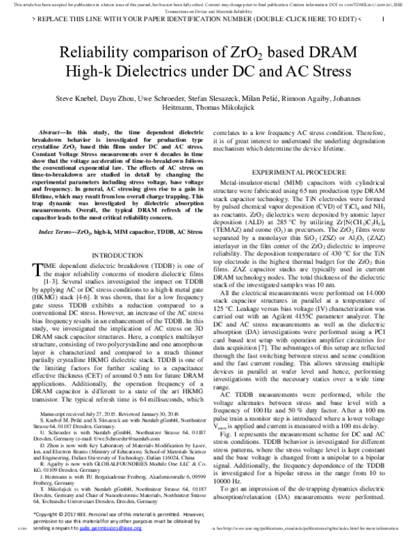 (PDF) Reliability Comparison of ZrO2-Based DRAM High-k Dielectrics ...