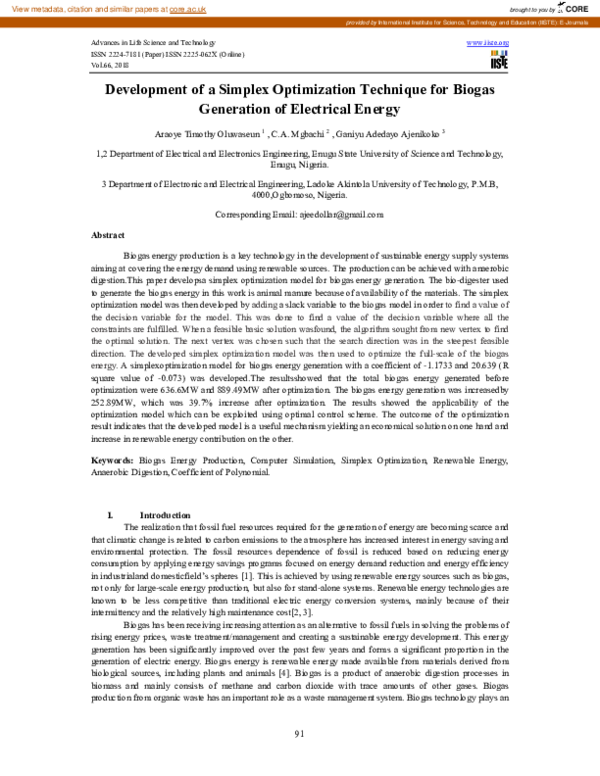 (PDF) Development of a Simplex Optimization Technique for Biogas Generation of Electrical Energy