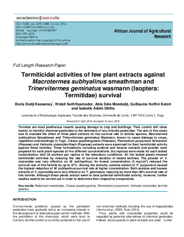 (PDF) Termiticidal activities of few plant extracts against Macrotermes ...