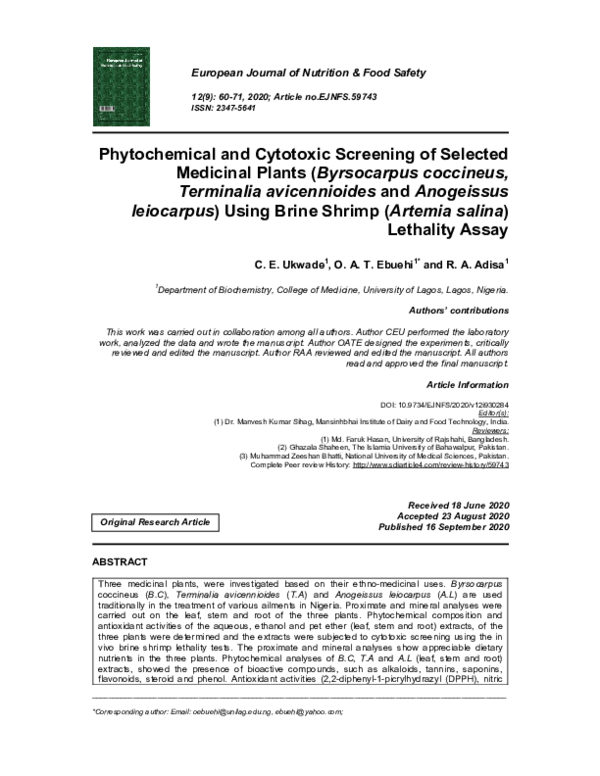 (PDF) Phytochemical and Cytotoxic Screening of Selected Medicinal ...
