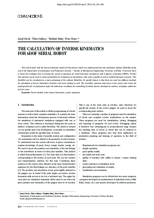 (PDF) The Calculation of Inverse Kinematics for 6DOF Serial Robot