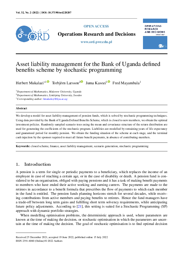 Pdf Asset Liability Management For The Bank Of Uganda Defined Benefits Scheme By Stochastic