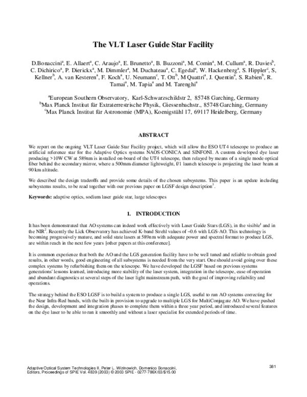 (PDF) ESO VLT laser guide star facility
