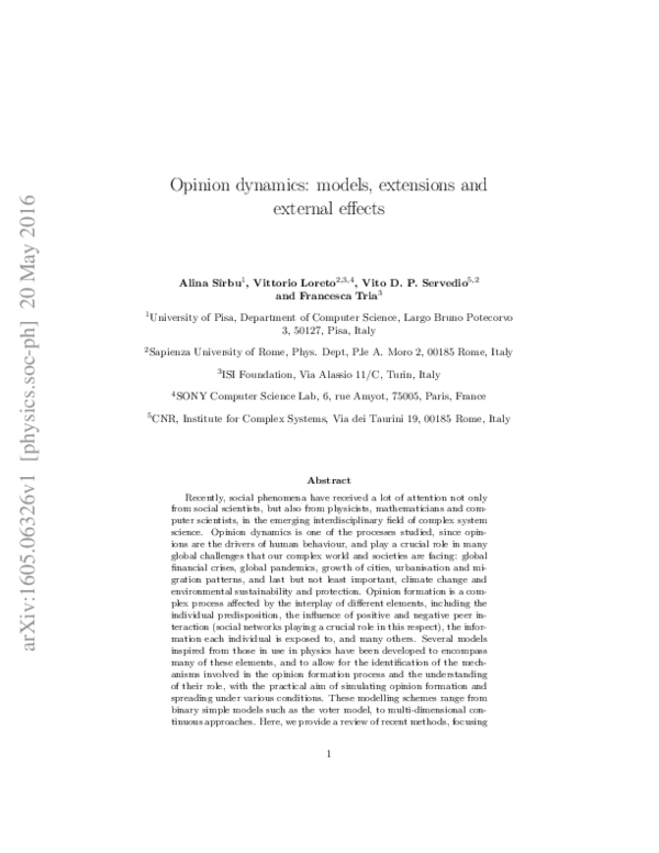 (PDF) Opinion Dynamics: Models, Extensions and External Effects