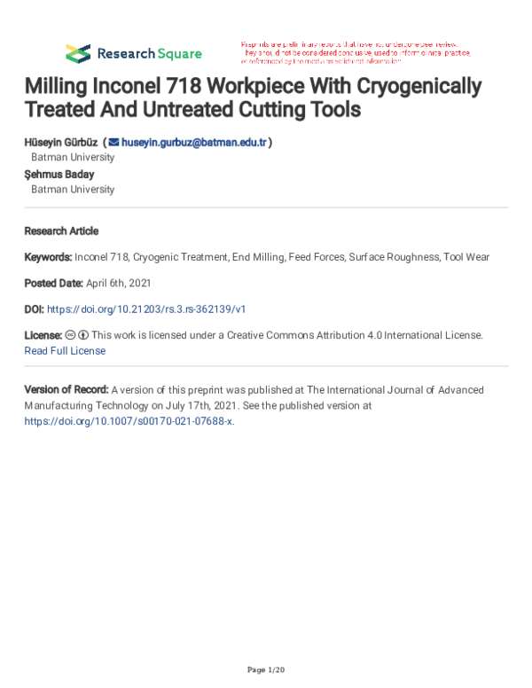 (PDF) Milling Inconel 718 workpiece with cryogenically treated and ...