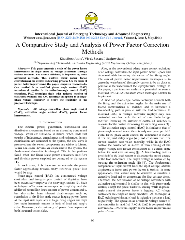 (PDF) A Comparative Study and Analysis of Power Factor Correction Methods