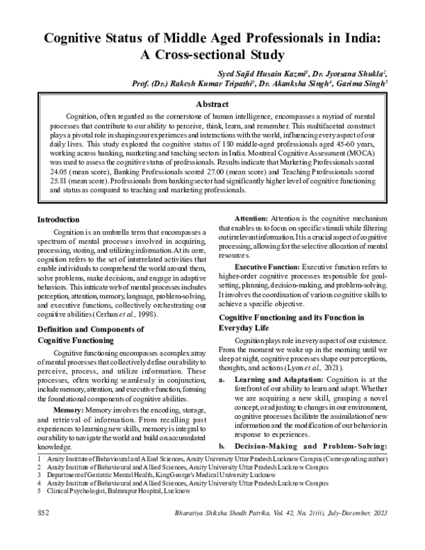 (PDF) Cognitive Status of Middle aged Professionals in India
