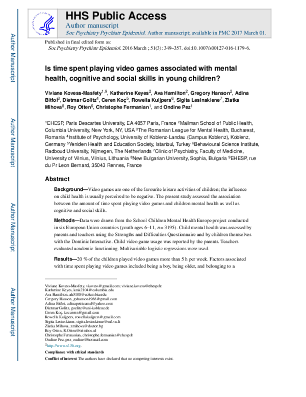 (PDF) Is time spent playing video games associated with mental health ...
