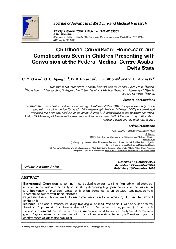 (PDF) Childhood Convulsion: Home-care and Complications Seen in ...