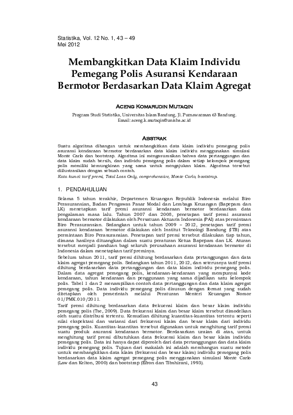 (PDF) Membangkitkan Data Klaim Individu Pemegang Polis Asuransi ...