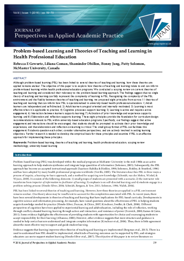 (PDF) Problem-based Learning and Theories of Teaching and Learning in Health Professional Education