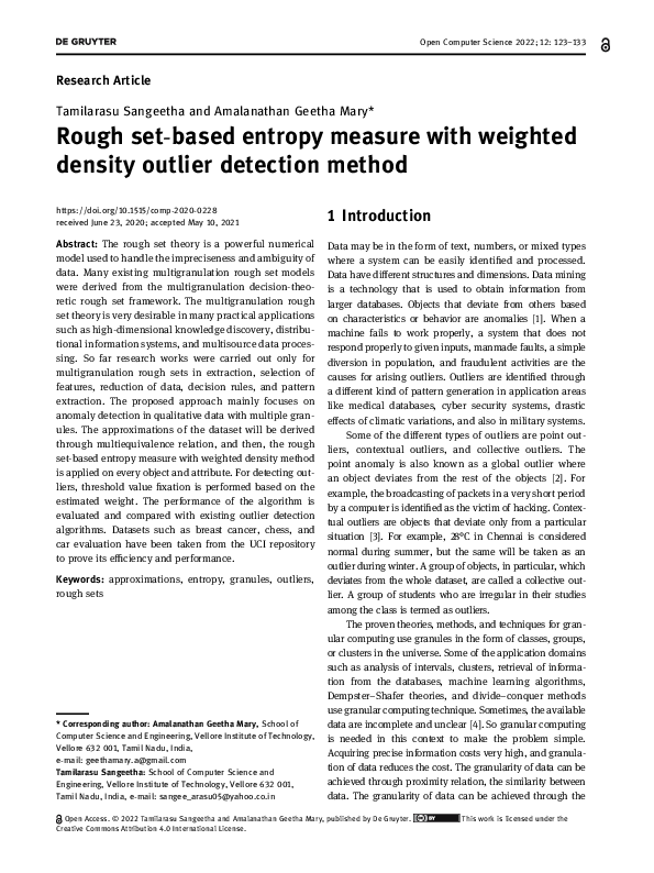 Pdf Rough Set Based Entropy Measure With Weighted Density Outlier Detection Method Geetha