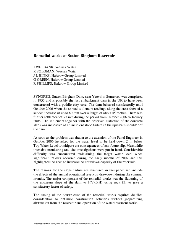 (PDF) Remedial works at Sutton Bingham Reservoir