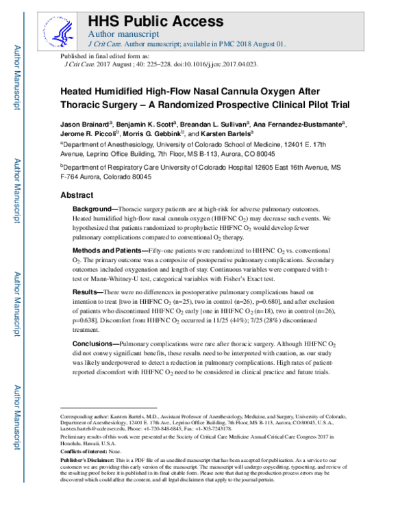 (PDF) Heated humidified high-flow nasal cannula oxygen after thoracic ...