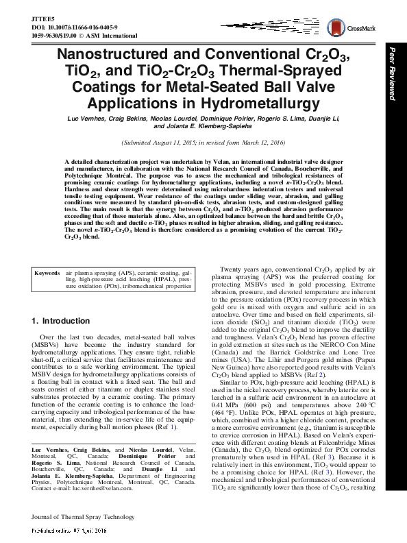 (PDF) Nanostructured and Conventional Cr2O3, TiO2, and TiO2-Cr2O3 Thermal-Sprayed Coatings for ...