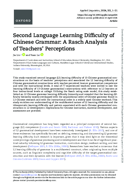 (PDF) Second Language Learning Difficulty of Chinese Grammar: A Rasch ...