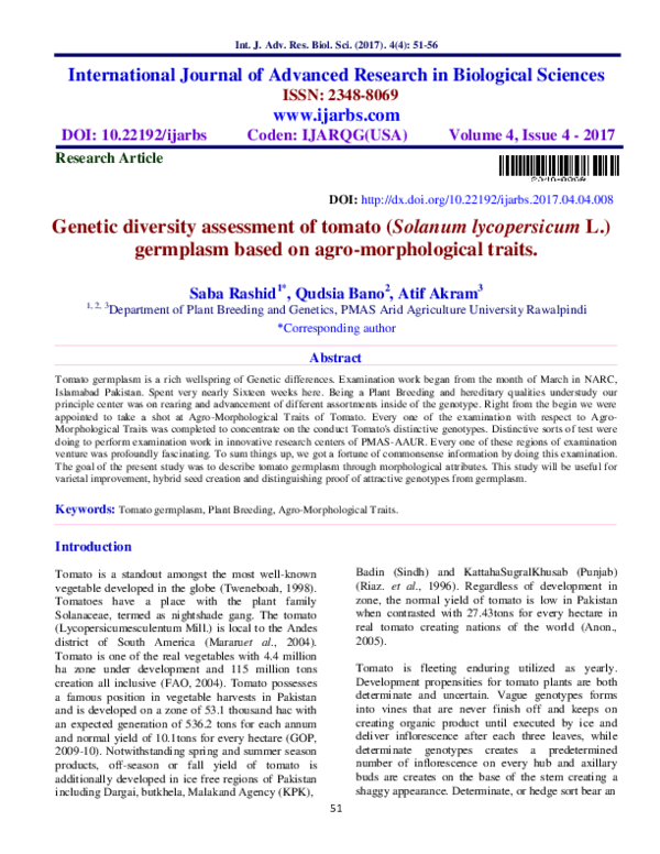 (PDF) Genetic diversity assessment of tomato (Solanum lycopersicum L.) germplasm based on agro ...