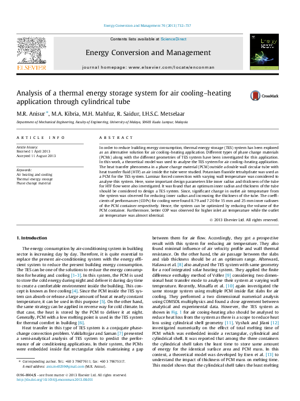 (PDF) Analysis of a thermal energy storage system for air cooling ...