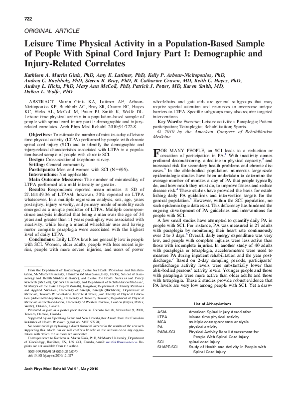 (PDF) Leisure time physical activity in a population-based sample of people with spinal cord ...