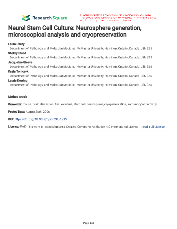 (PDF) Neural Stem Cell Culture: Neurosphere generation, microscopical ...