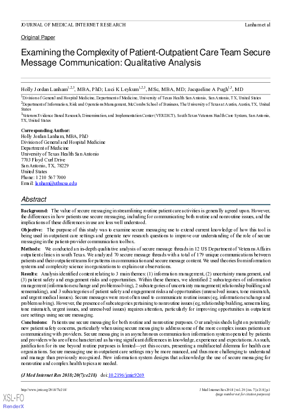 (PDF) Examining the Complexity of Patient-Outpatient Care Team Secure Message Communication ...