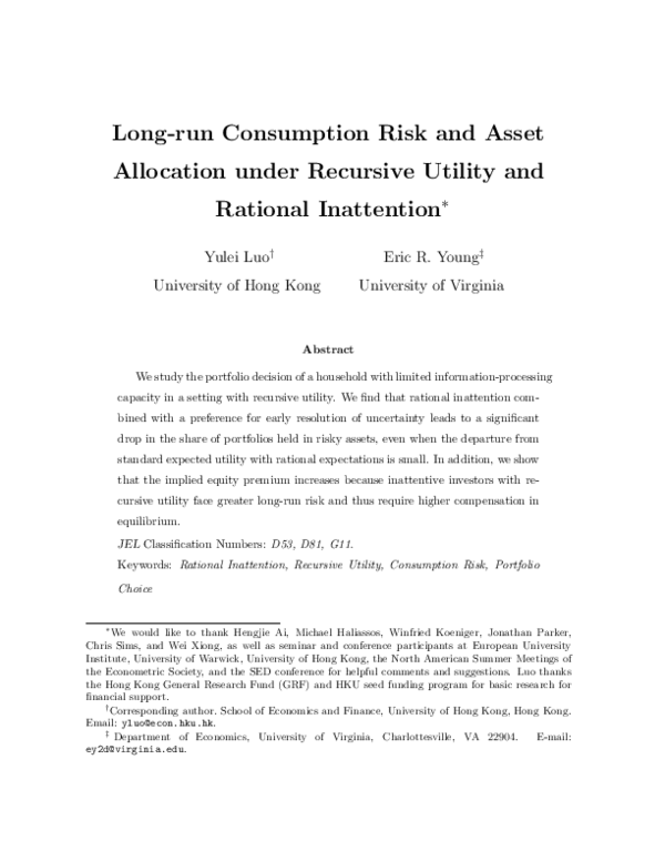 (PDF) Long-Run Consumption Risk and Asset Allocation under Recursive Utility and Rational ...