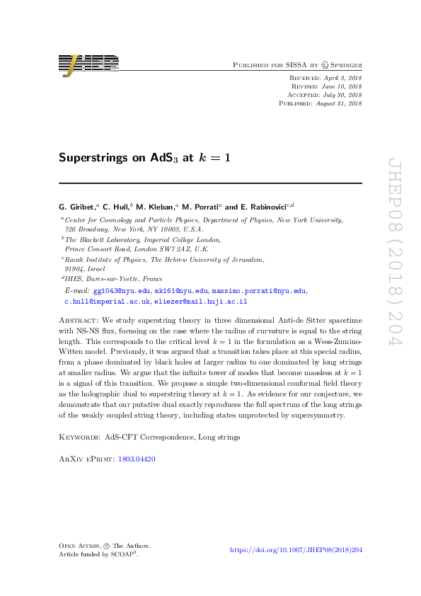 (PDF) Superstrings on AdS3 at k = 1