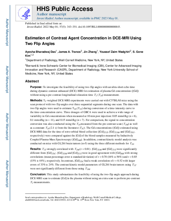 (PDF) Estimation of Contrast Agent Concentration in DCE-MRI Using 2 Flip Angles