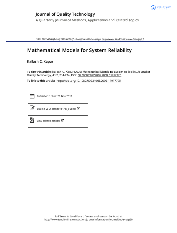 (PDF) Mathematical Models for System Reliability