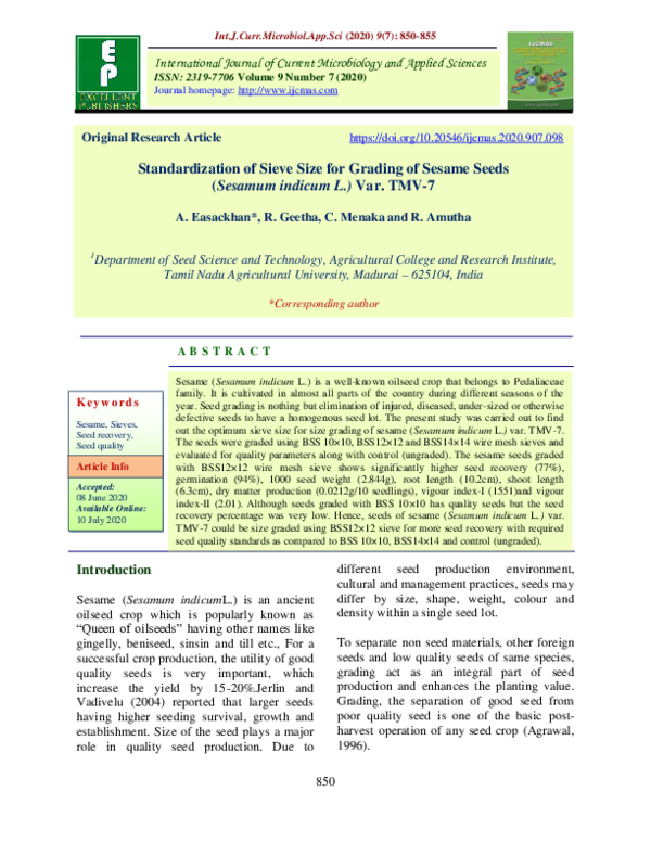 (PDF) Standardization of Sieve Size for Grading of Sesame Seeds ...