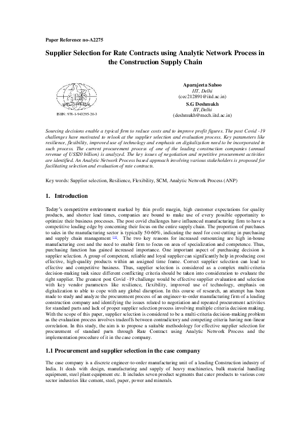 (PDF) Supplier Selection for Rate Contracts using Analytic Network Process in the Construction ...