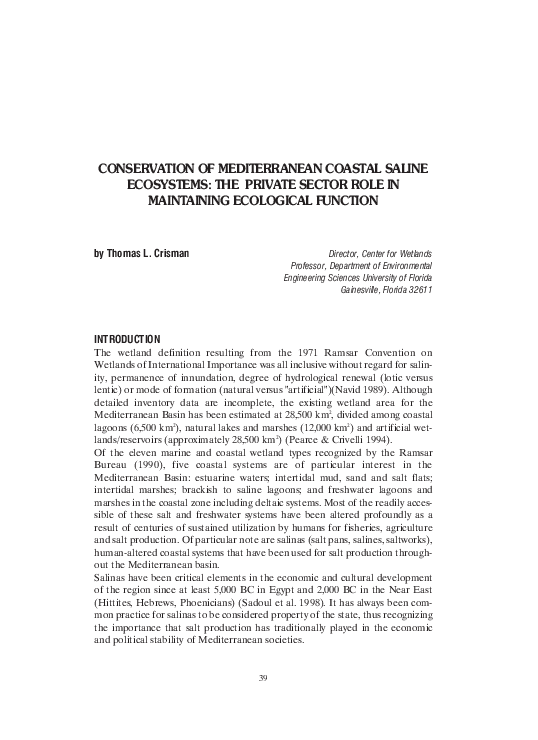 (PDF) Conservation of Mediterranean Coastal Saline Ecosystems: The ...