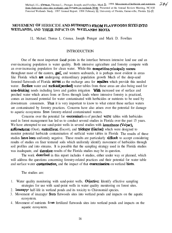 (PDF) Movement of Herbicide and Nutrients From Flatwoods Sites Into ...