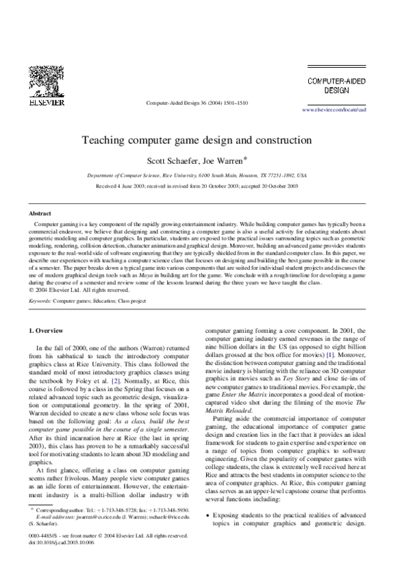 (PDF) Teaching computer game design and construction
