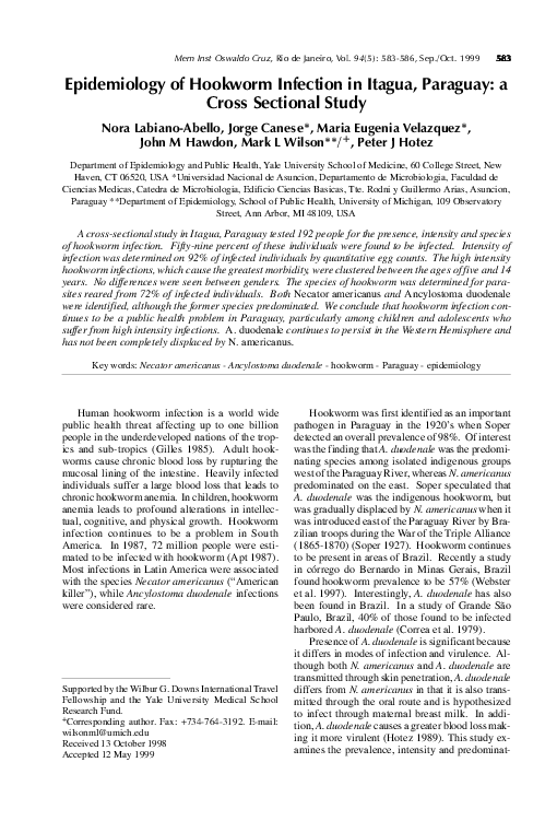 (PDF) Epidemiology of hookworm infection in Itagua, Paraguay: a cross ...
