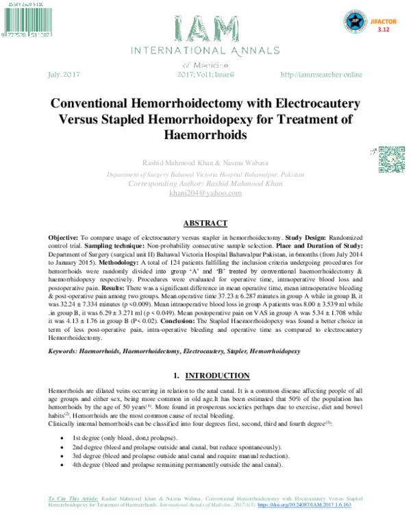 (PDF) Conventional Hemorrhoidectomy with Electrocautery Versus Stapled ...
