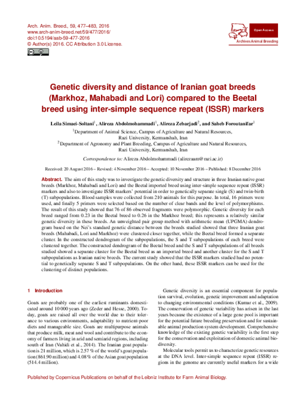 (PDF) Genetic diversity and distance of Iranian goat breeds (Markhoz, Mahabadi and Lori ...