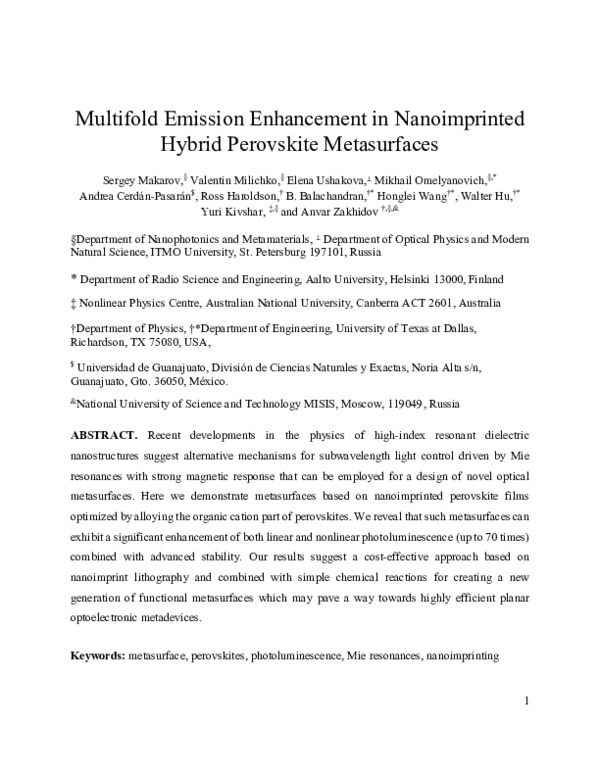 (PDF) Multifold Emission Enhancement in Nanoimprinted Hybrid Perovskite ...