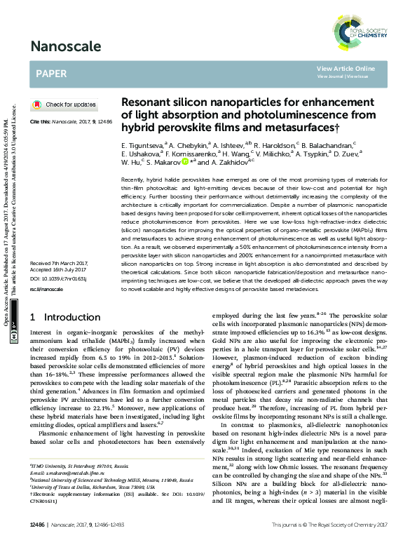 (PDF) Resonant silicon nanoparticles for enhancement of light ...