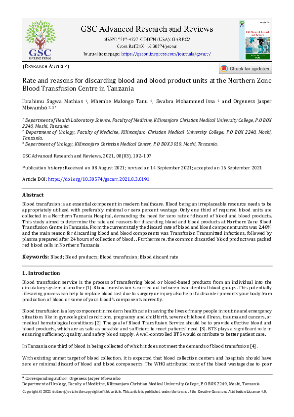(PDF) Rate and reasons for discarding blood and blood product units at ...