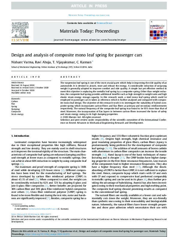 Pdf Design And Analysis Of Composite Mono Leaf Spring For Passenger Cars